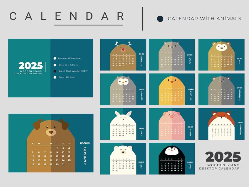 2025 Desktop Calendar Animals İllustration - Etsy