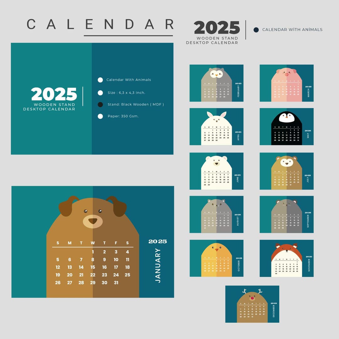 2025 Desktop Calendar Animals İllustration - Etsy