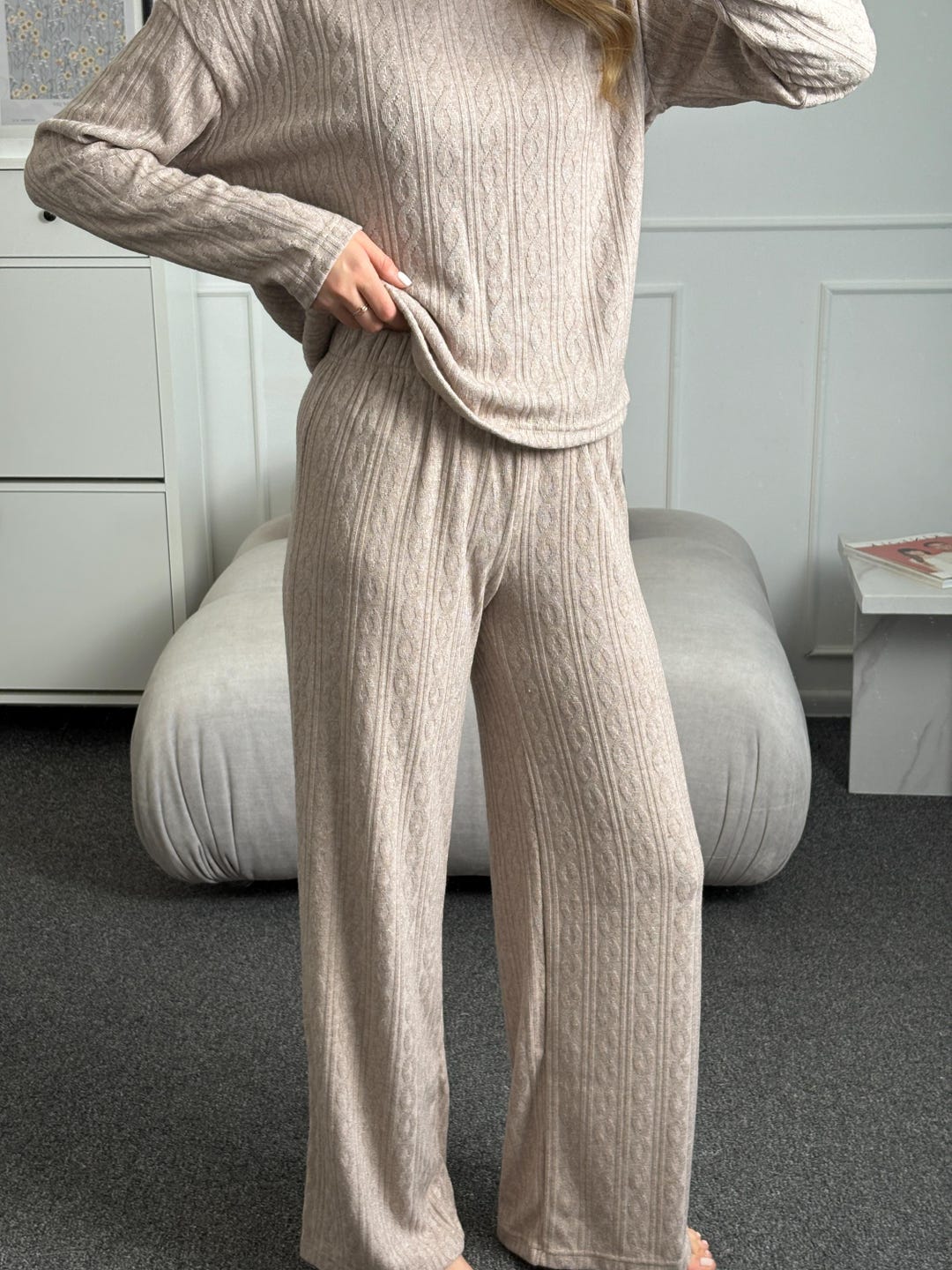 Cotton Lounge Set - Long Sleeve Pajamas With Wide Leg Pants- Warm Home ...