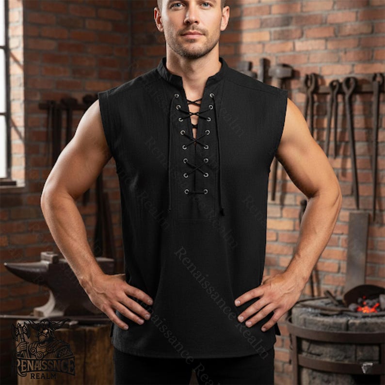 Black Sleeveless Medieval Tunic | Viking Cotton Laced Shirt for Men ...