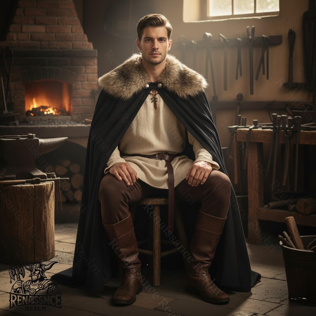 Medieval Viking Cloak With Faux Fur Collar – Warmth Style Winter LARP ...