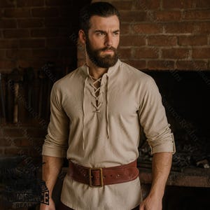 LARP Medieval Men’s Lace-up Tunic Shirt Khaki Cotton Linen Viking ...