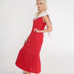Sailor Collar Dress 80s Red Sundress Collared Button up Day Dress Bow ...