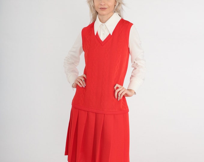 Pleated Mod Dress Red 60s 70s Scooter Dress Cable Knit Vest Nerdy Shift ...