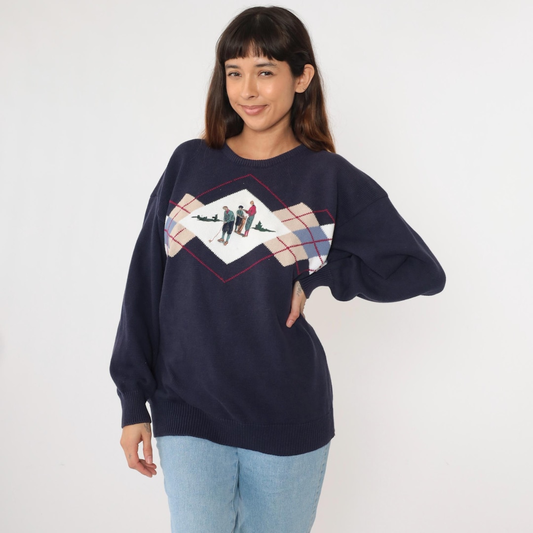 Vintage Golf Sweater 80s 90s Navy Blue Argyle Knit Sweater Preppy ...