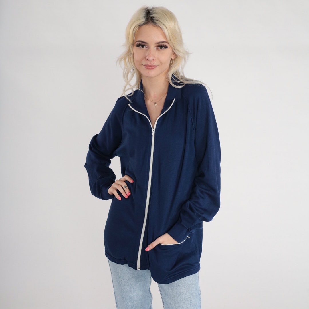 Vintage Navy Blue Track Jacket 80s Zip up Sweatshirt Basic Retro Bomber ...