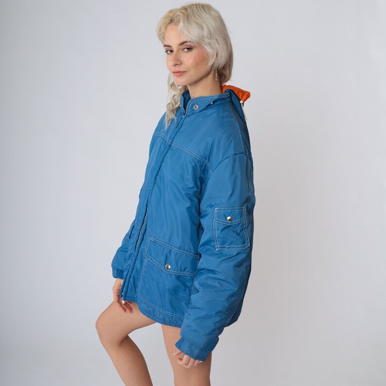 Hooded Ski Jacket 80s Blue Puffer Jacket Zip up Winter Puffy Coat Retro ...