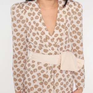 Silk Mini Dress 80s Wrap Dress Tan Dot Animal Print Mini Dress Long Puff Sleeve V Neck Secretary ...