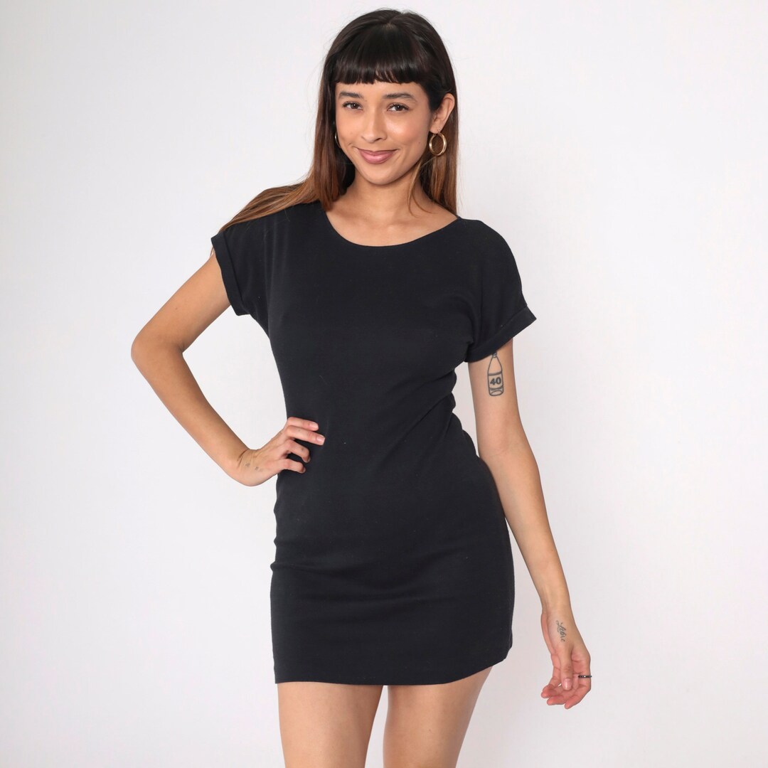 Black Bodycon Dress 90s Mini Party Dress Tight Short Cap Sleeve Sheath ...
