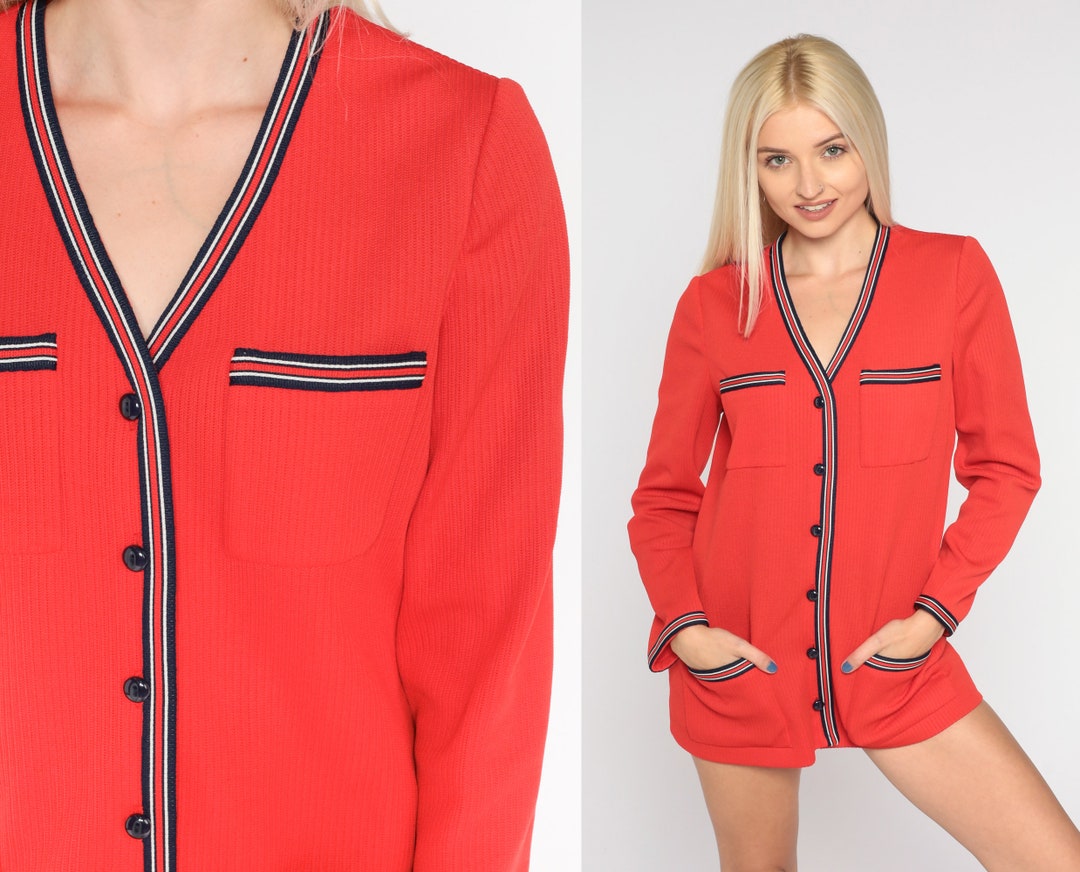 Red Cardigan 70s Button up Knit Sweater Preppy Ringer Trim V Neck Plain ...
