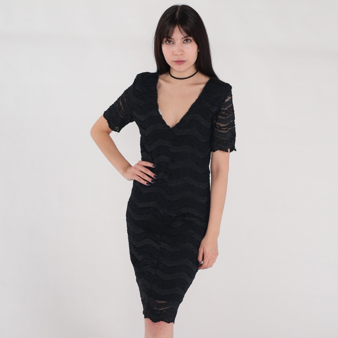 Black Lace Dress 90s Party Dress Knee Length Pencil V Neck Bodycon ...