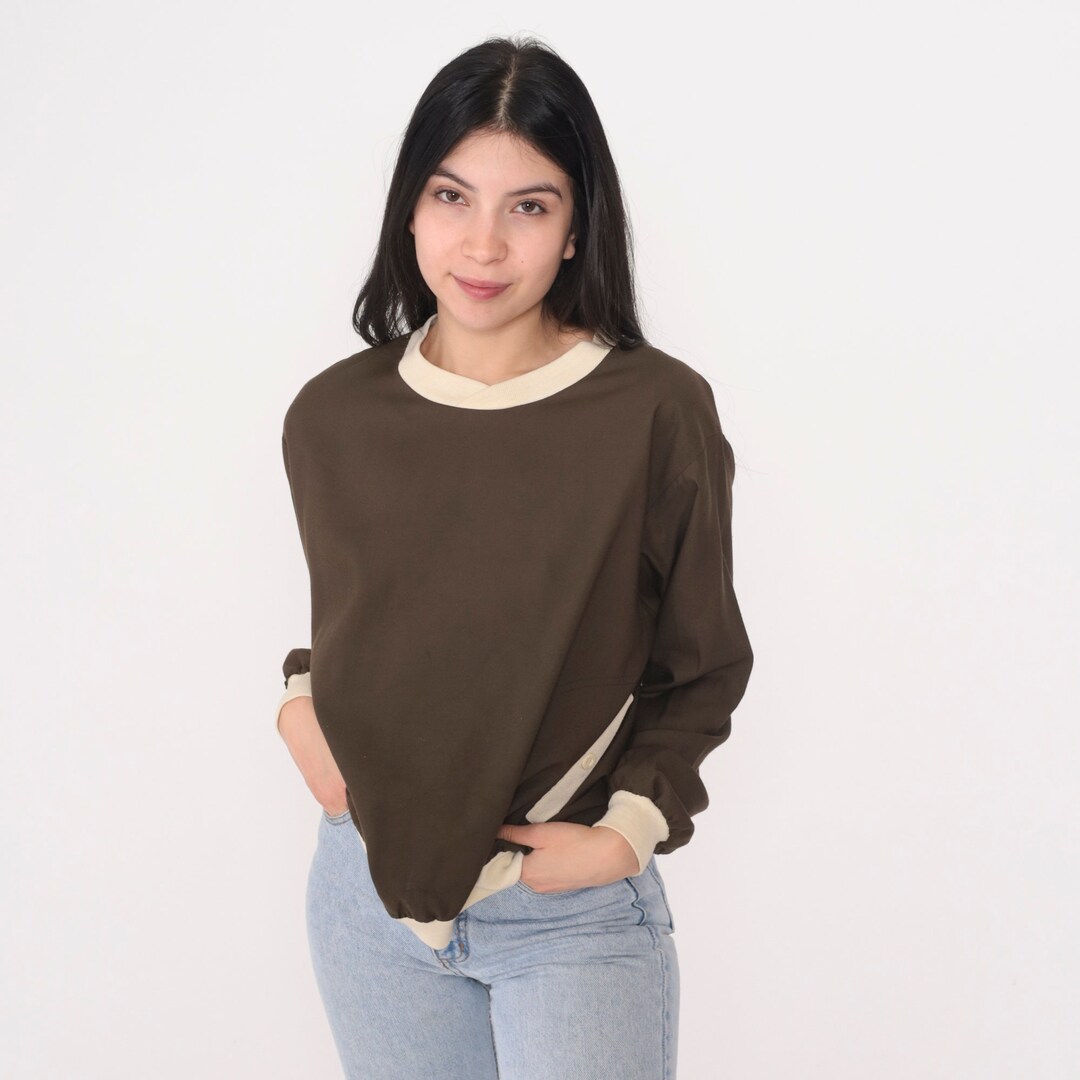 Brown Sweatshirt 80s Ringer Sweater Cream Trim Basic Plain Pullover ...