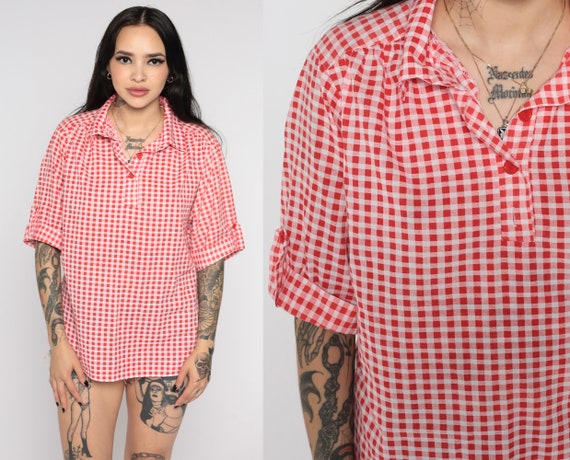 Gingham Tunic Top Red Checkered Shirt 80s Plaid Blous… - Gem
