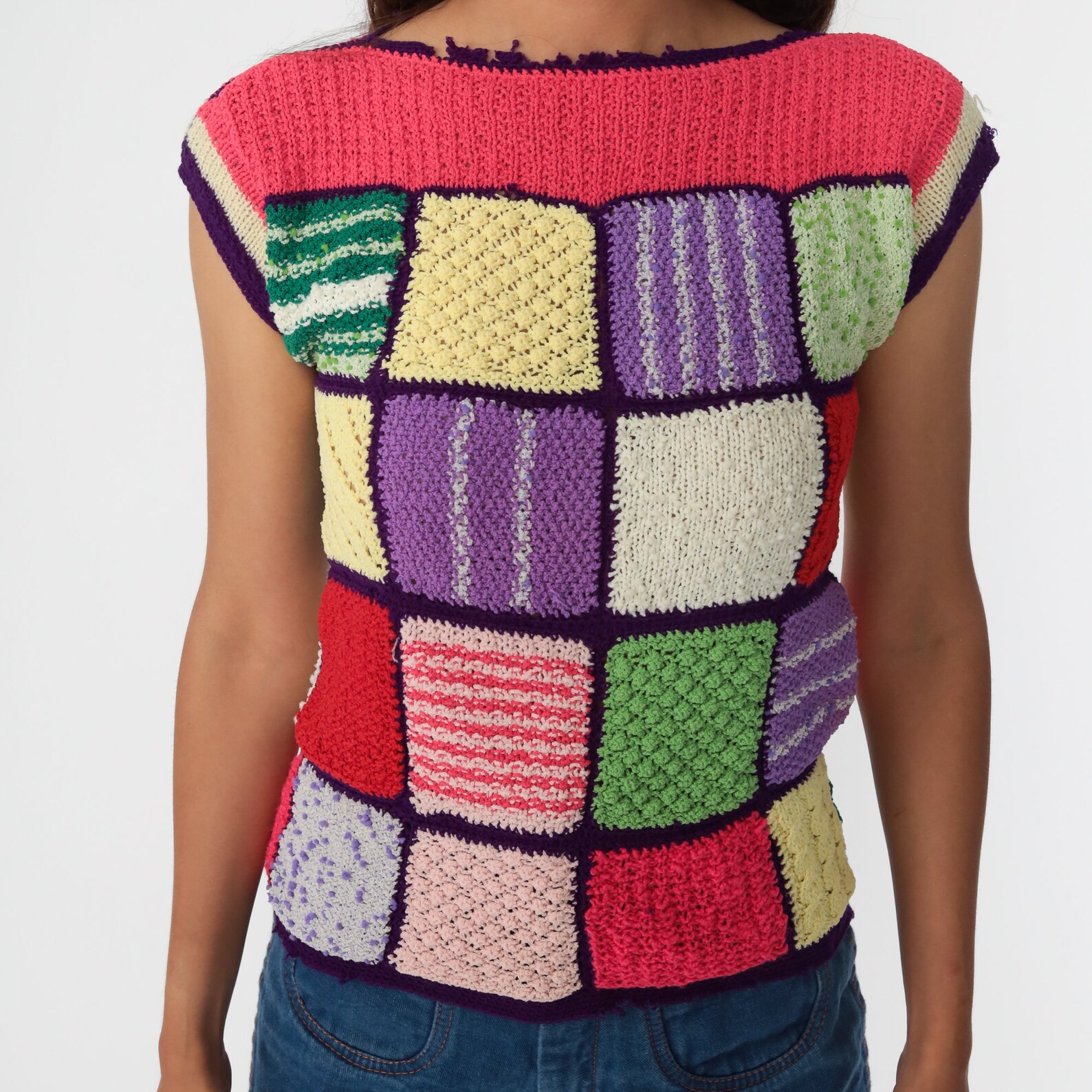 70s Patchwork Shirt Knit Top Rainbow Boho Short Sleeve Sweater Top Pink ...