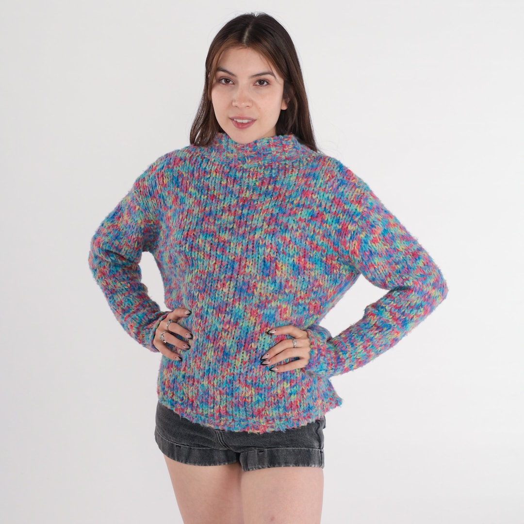 Chunky Knit Sweater Y2K Colorful Pullover Mockneck Sweater Red Blue ...