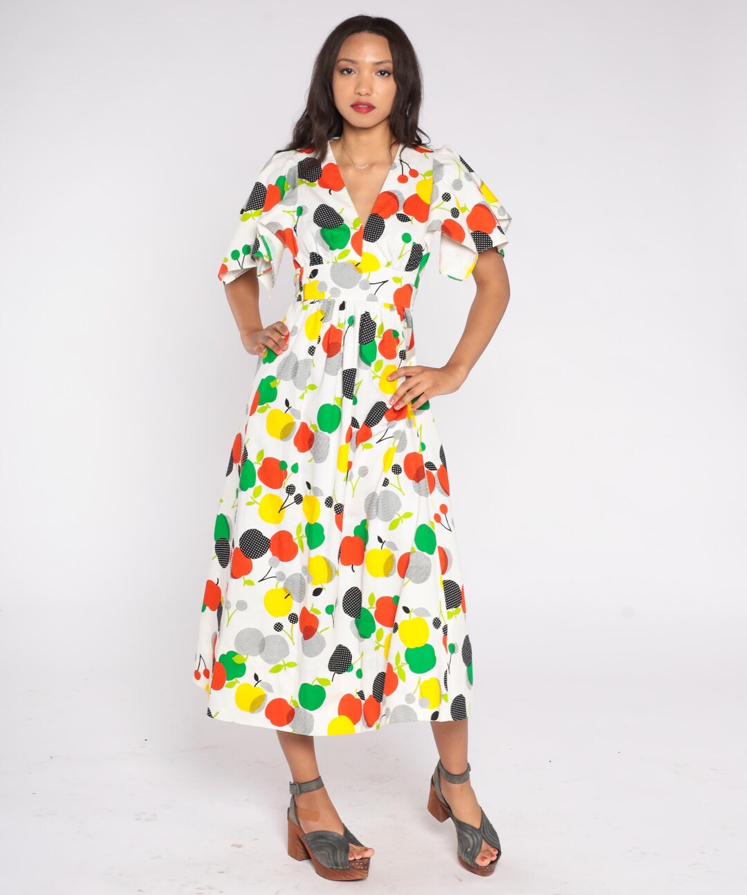 Apple Print Dress 70s Fruit Cotton Flutter Sleeve Pop Art Novelty V ...