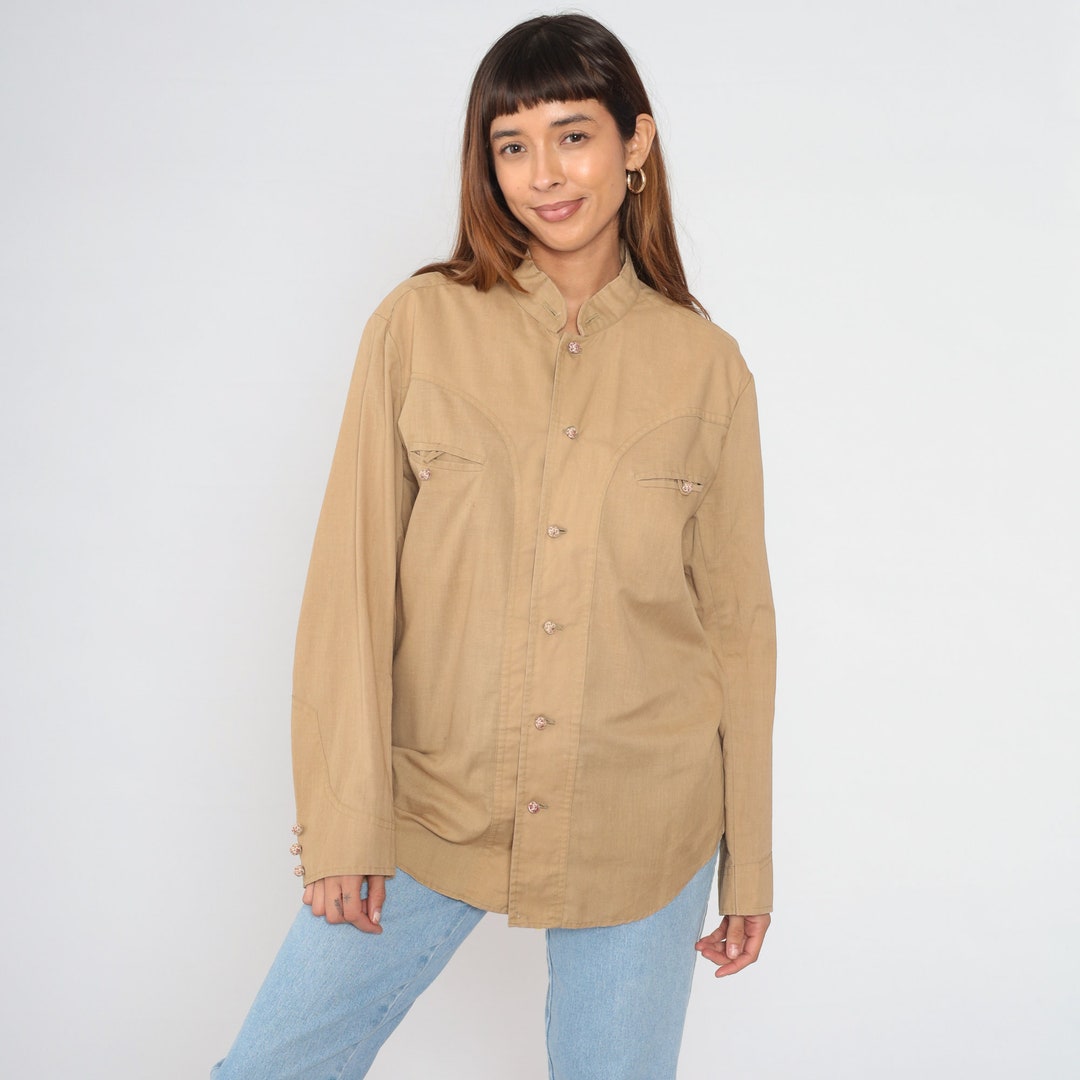 Tan Button up Shirt 90s Light Brown Shirt Long Sleeve Chest Pocket ...