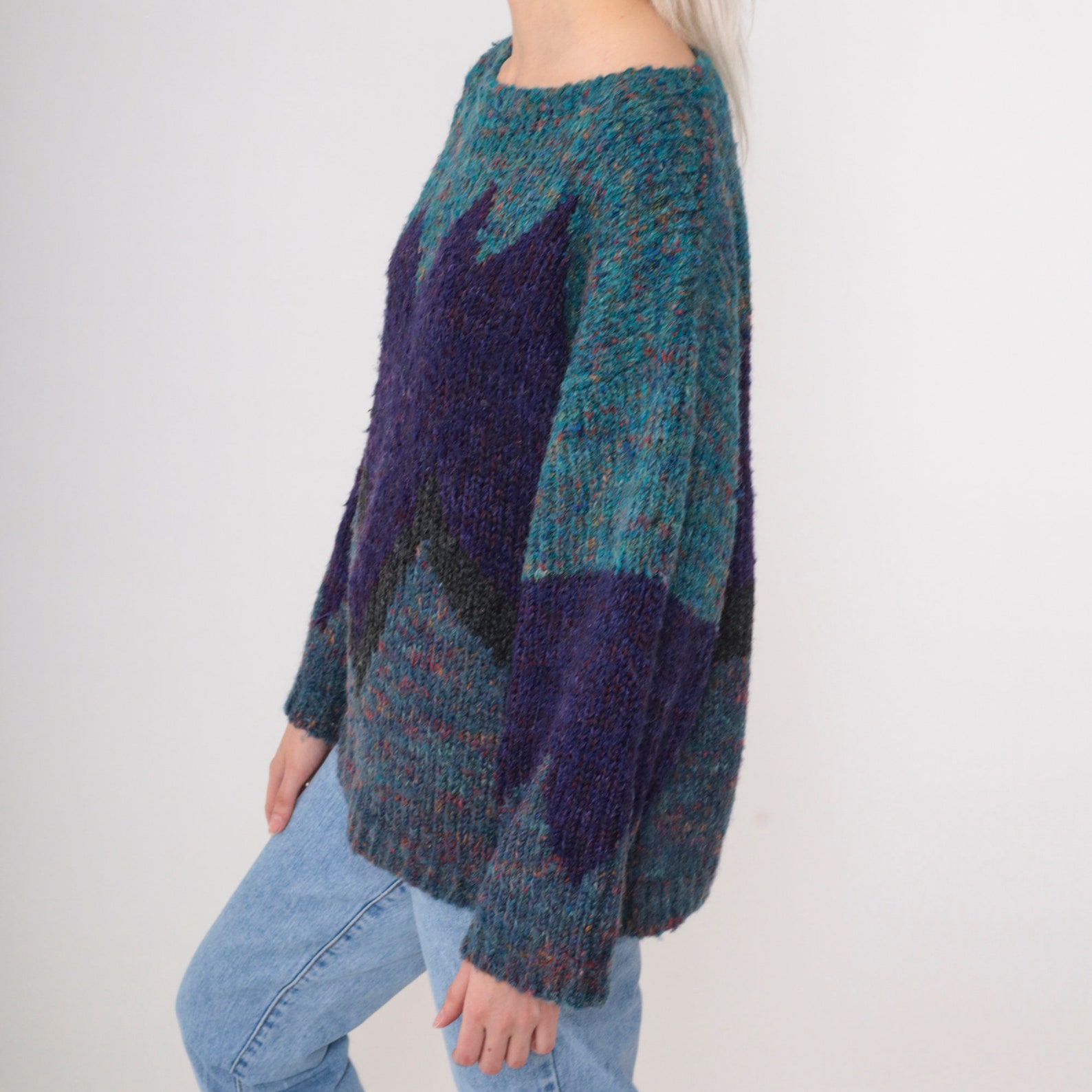 Color Block Sweater 90s Purple Teal Flecked Sweater Wool Blend Knit ...