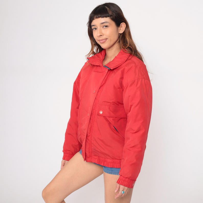 80s Red Ski Jacket Bomber Button Athletic Windbreaker Track Coral Red ...