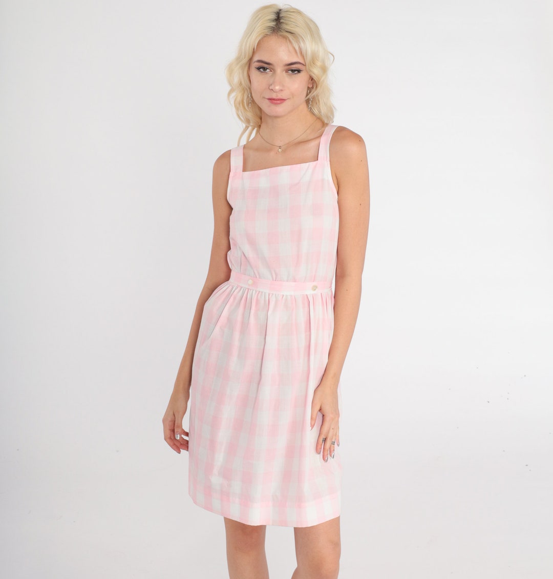 Pink Gingham Dress 80s Mini Sundress Sleeveless High Waisted Full Skirt ...
