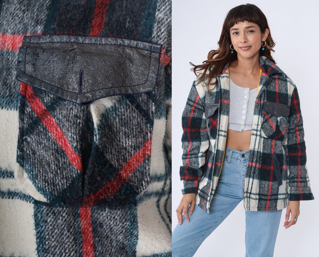 70s CPO Jacket Flannel Plaid Shirt Button up Lumberjack Jacket Black ...