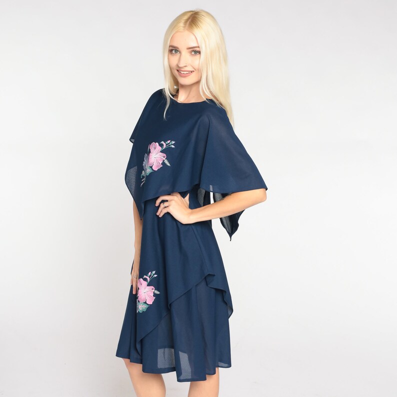 Capelet Dress 70s 80s Navy Blue Mini Dress Floral Party Dress - Etsy