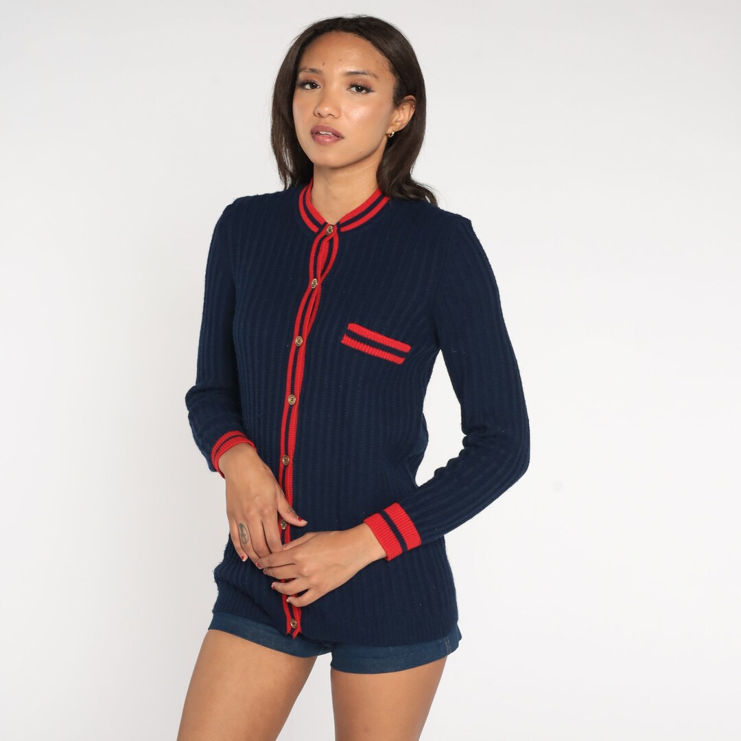 70s Cardigan I Magnin Sweater Navy Blue Retro Button up Sweater Red ...