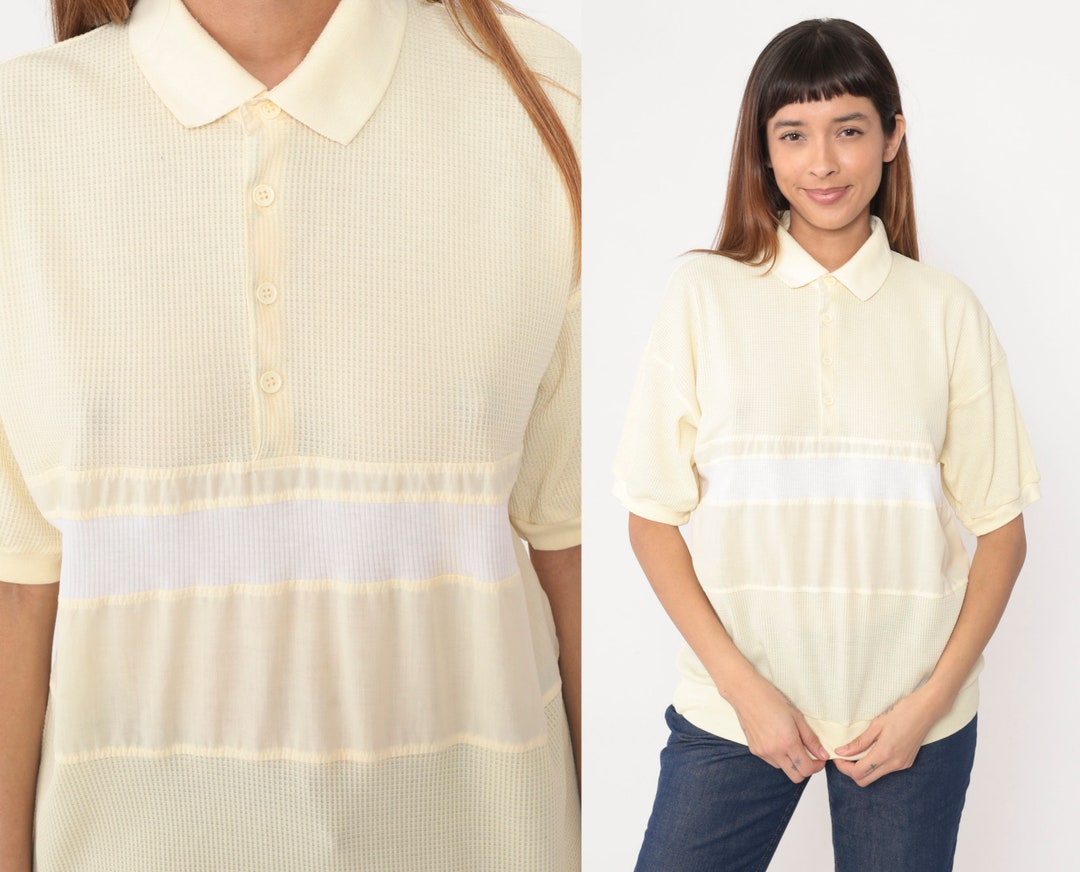 Yellow Polo Shirt 80s Waffle Knit Top Retro Pastel Short Sleeve ...