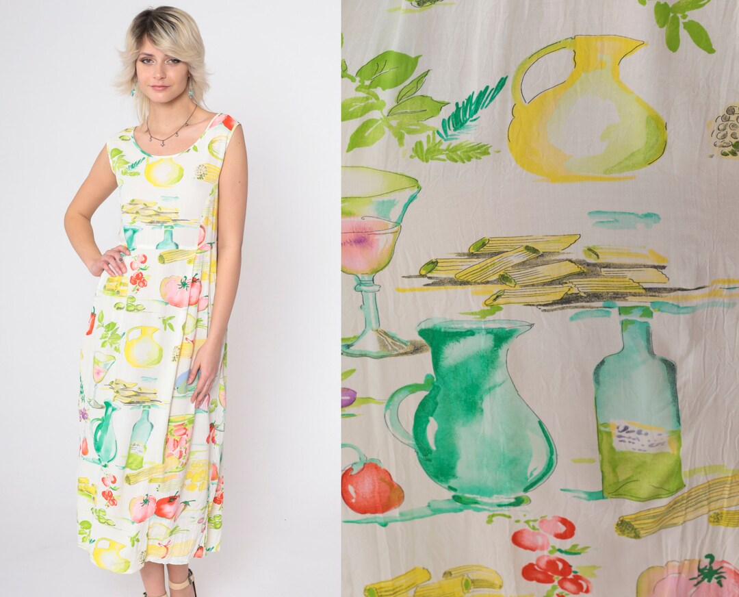 Vintage Jams World Dress 90s Food Art Pasta Dress Watercolor Hawaiian ...