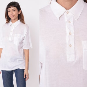 White Polo Shirt 70s 80s Semi-sheer Saks Fifth Avenue Button up Shirt Short Sleeve Retro Plain ...