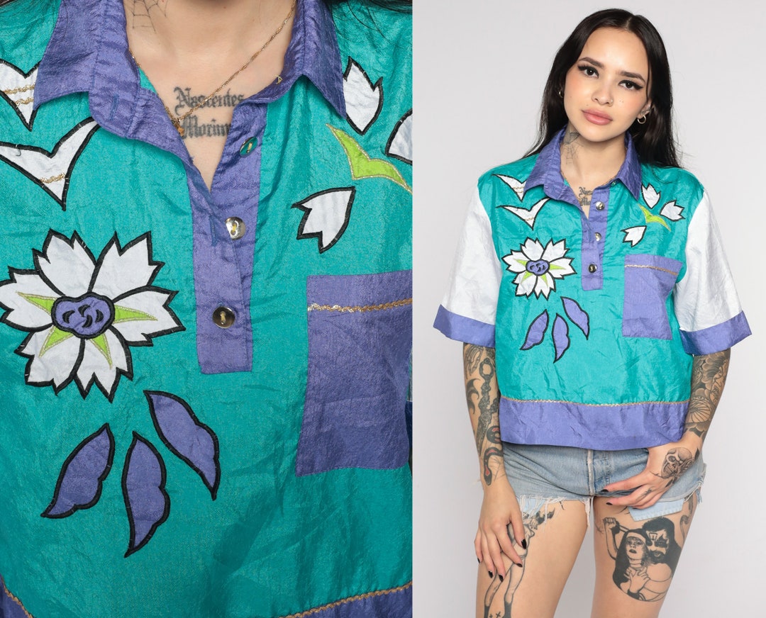 Floral Blouse Shiny Color Block Shirt 80s Top Vintage Collared Polo ...