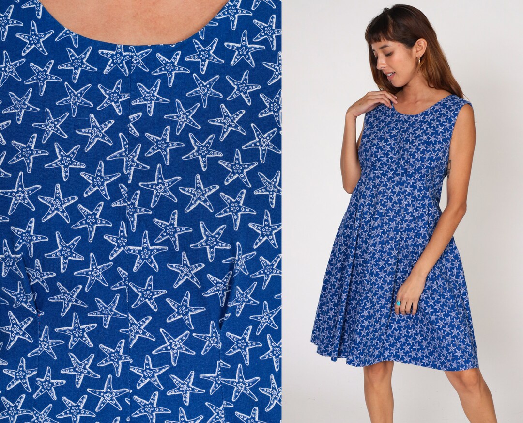 Starfish Sundress 80s Tropical Beach Dress Blue Boho Sun Dress Midi Fit ...