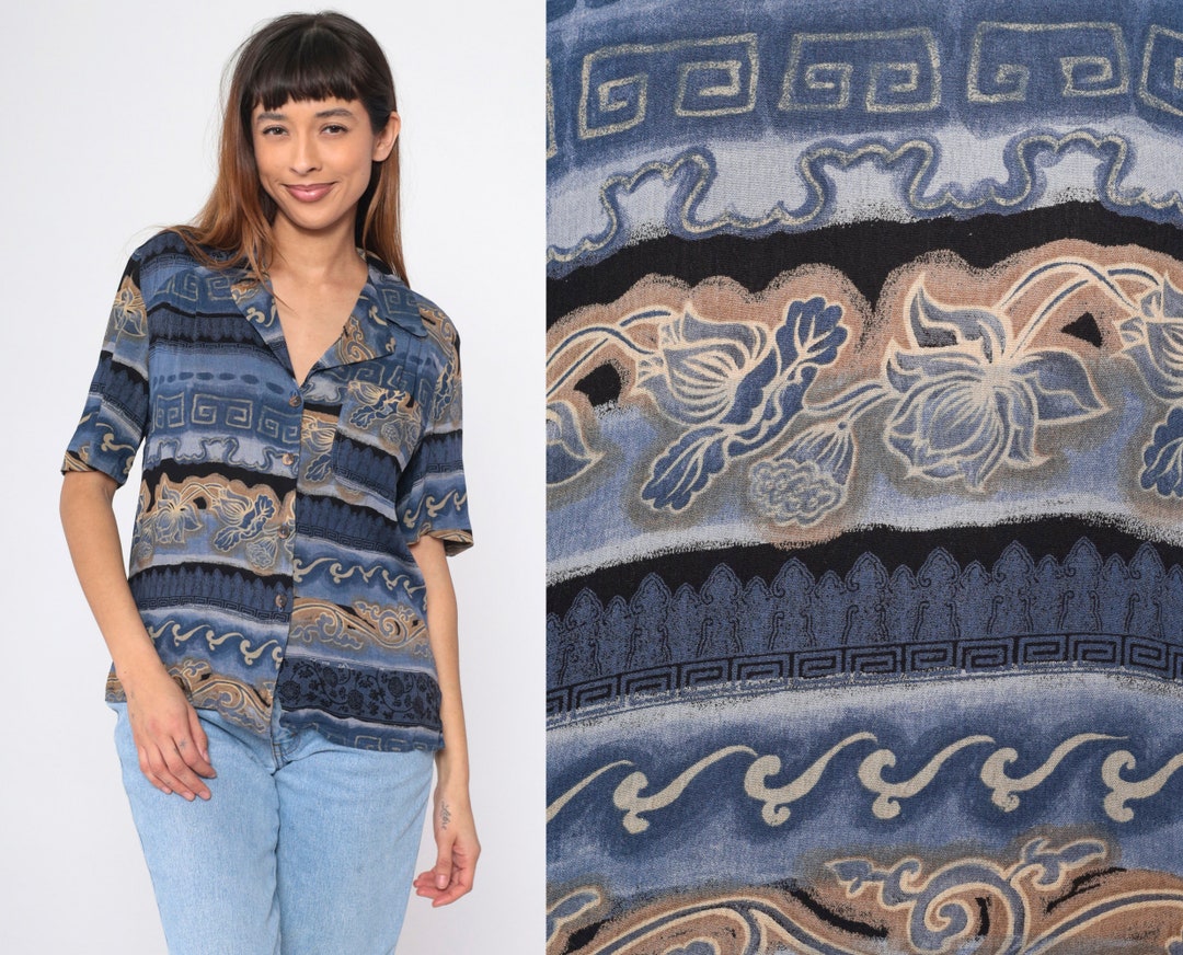 Striped Floral Shirt 90s Greek Key Print Button up Blouse Blue Retro ...