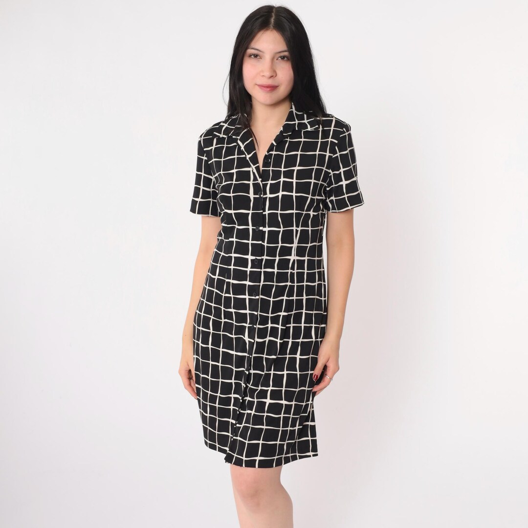 Vintage Black White Checkered Dress 90s Grid Print Shirt Dress Short ...
