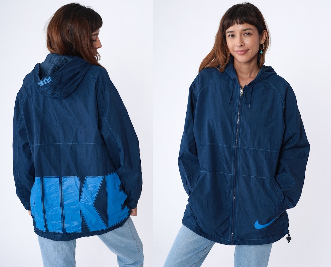 Navy Blue Nike Jacket Y2k Hooded Windbreaker Zip up Nylon Shell Swoosh ...