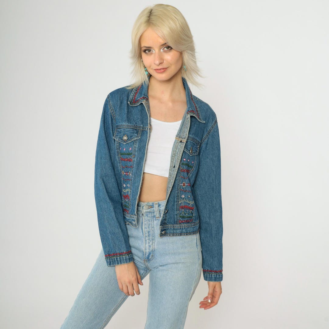 Embroidered Denim Jacket Y2k Geometric Jean Jacket Indian Button up ...