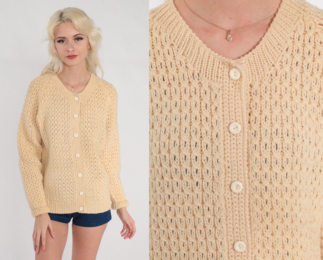 60s Cardigan Cream Chunky Knit Button up Sweater Retro Open Weave ...