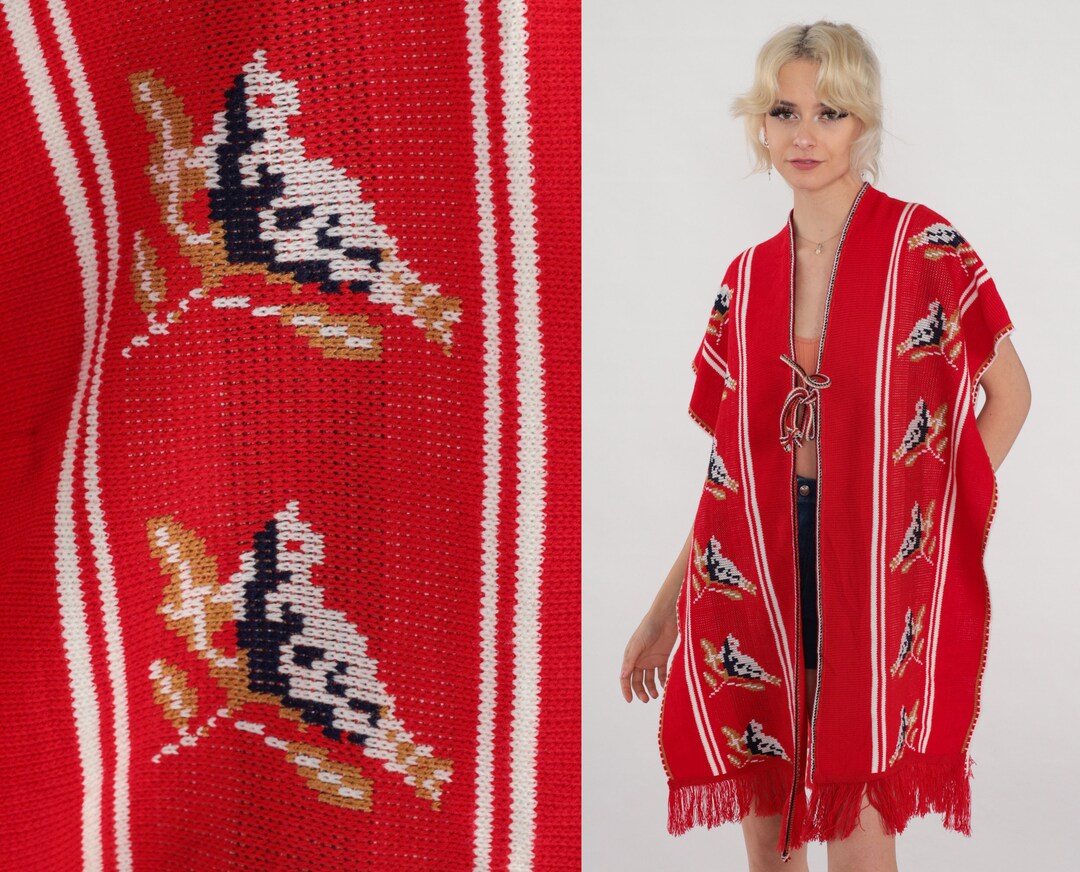 Bird Poncho Shawl 70s Red Hippie Fringe Cape Sweater Jacket Open Side ...