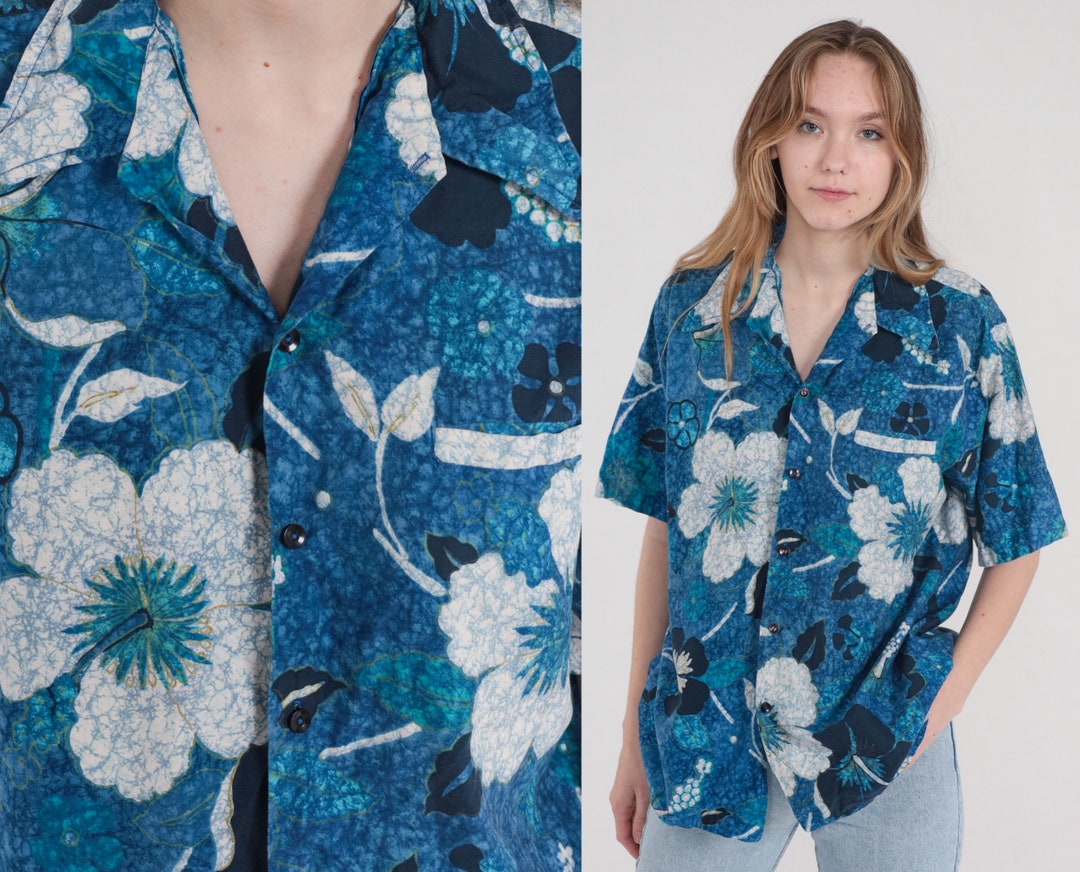 Blue Hawaiian Shirt 90s Tropical Button up Floral Hibiscus - Etsy