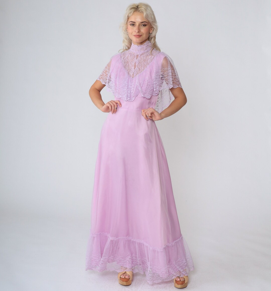 Lavender Gown 70s Prom Dress Purple Lace Bib Maxi Dress Victorian High ...