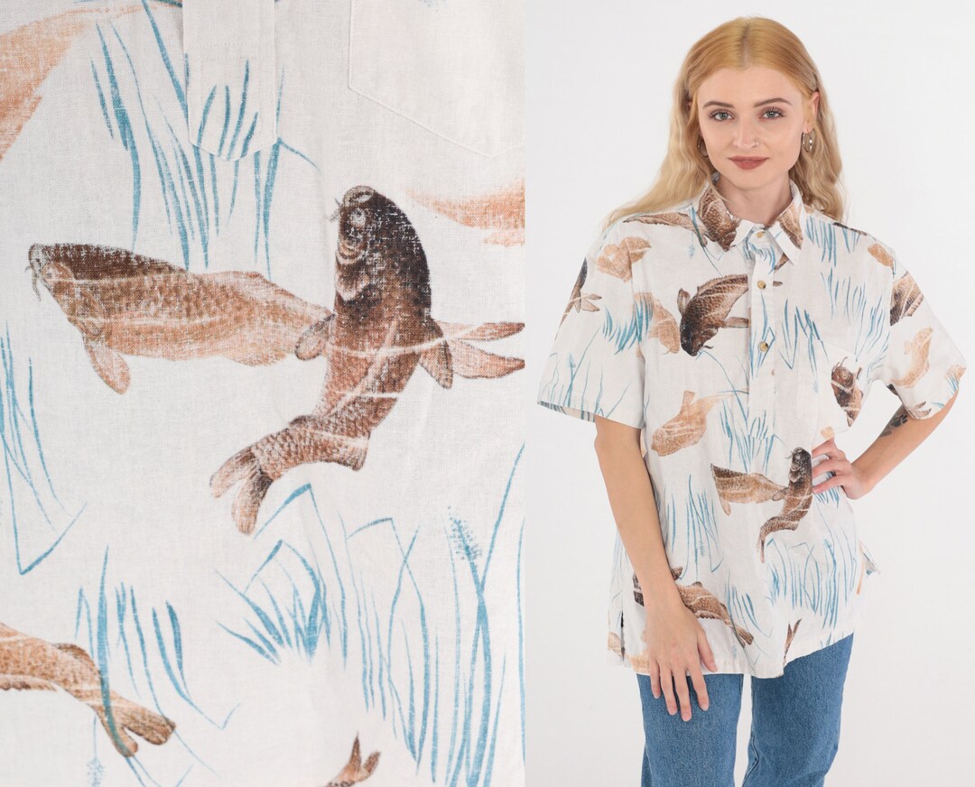 Catfish Shirt 90s Polo Shirt Half Button up Fish Grass Print Short ...