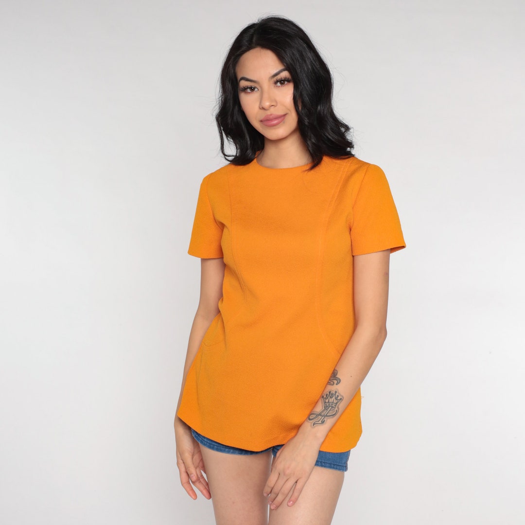 70s Mod Shirt Orange Top Retro Solid Plain Blouse Short Sleeve Shirt ...