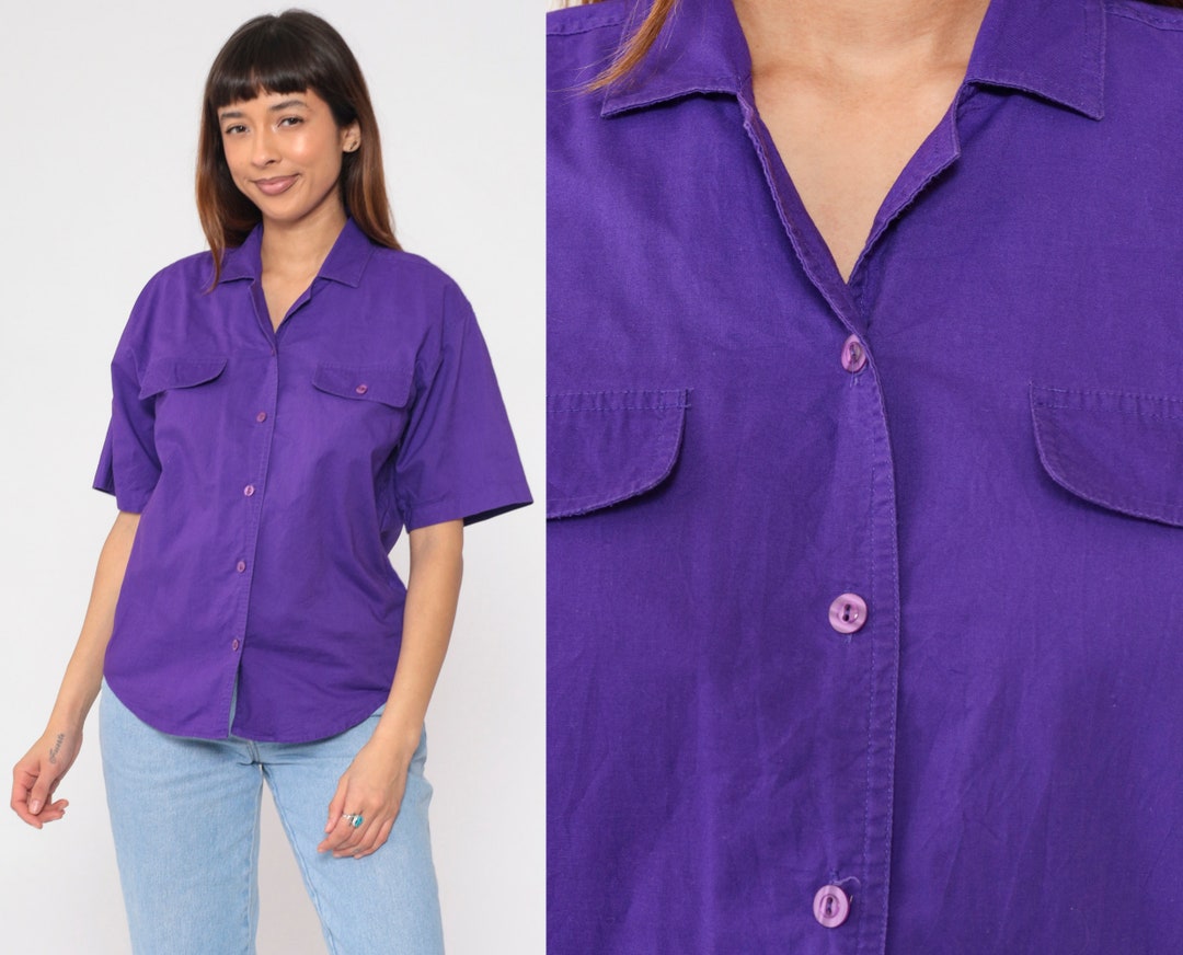 Purple Blouse 90s Button up Shirt Retro Plain Simple Short Sleeve ...