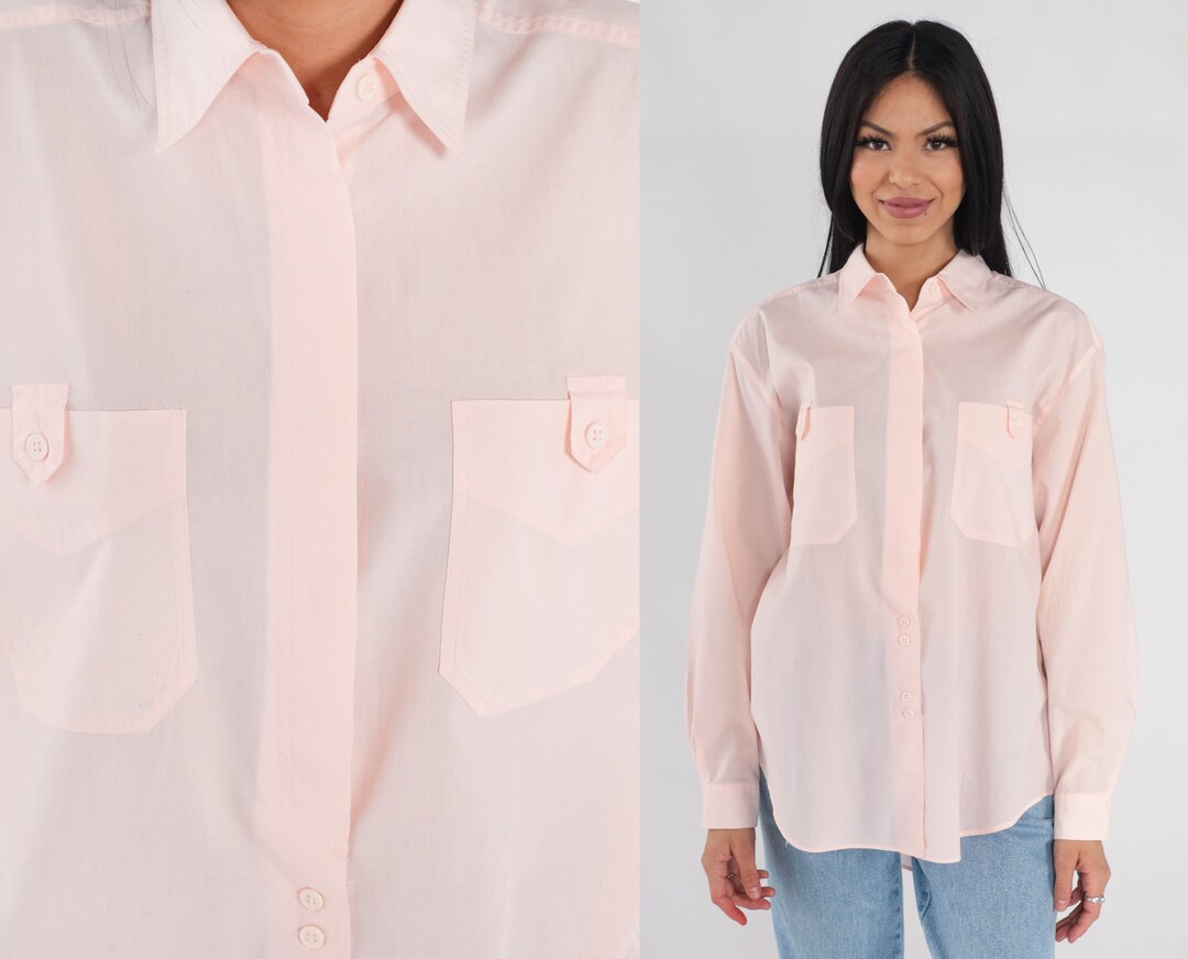 Baby Pink Blouse 90s Semi-sheer Button up Top Preppy Collared Shirt ...