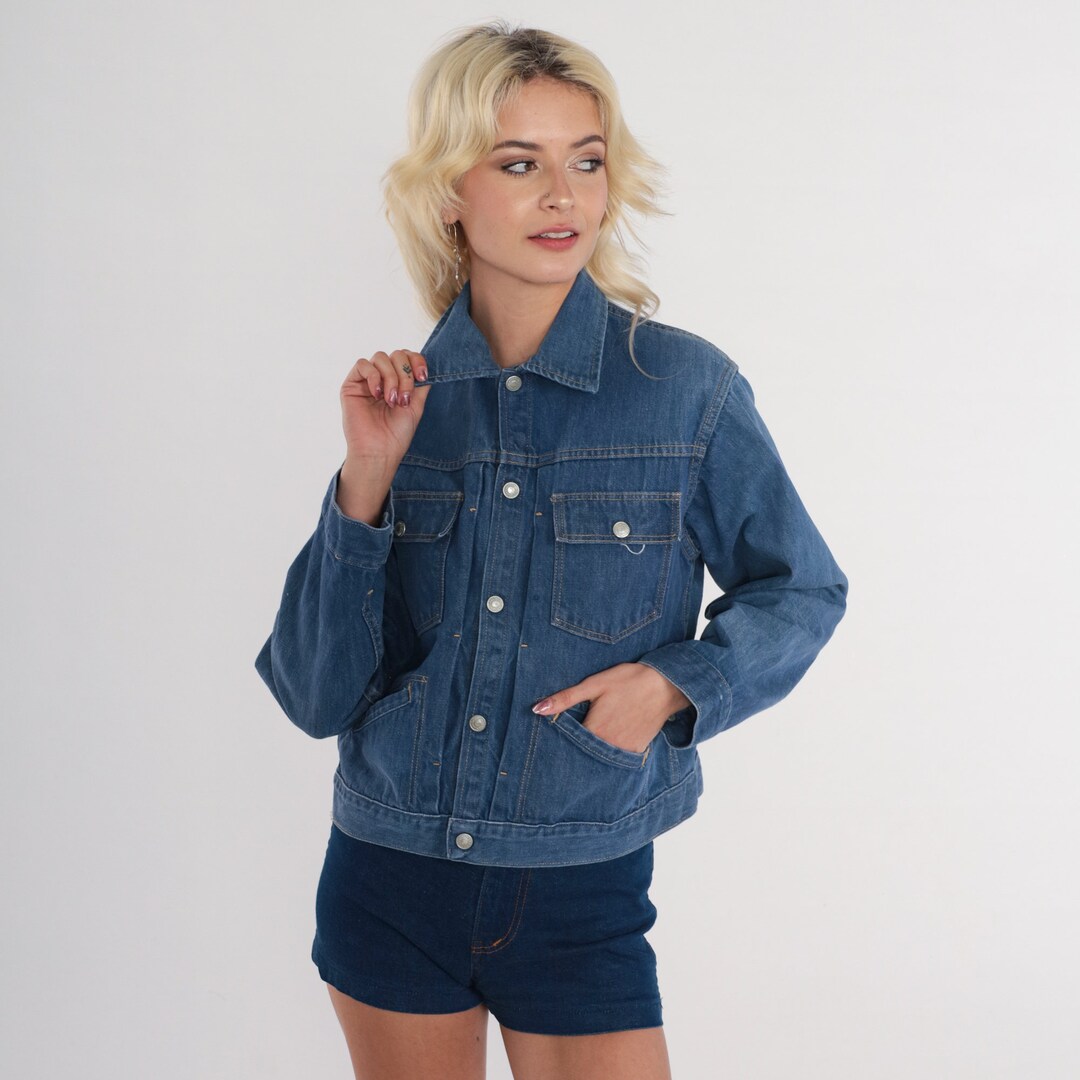 70s Denim Jacket Blue Jean Jacket Retro Biker Coat Cargo Chest Pocket ...