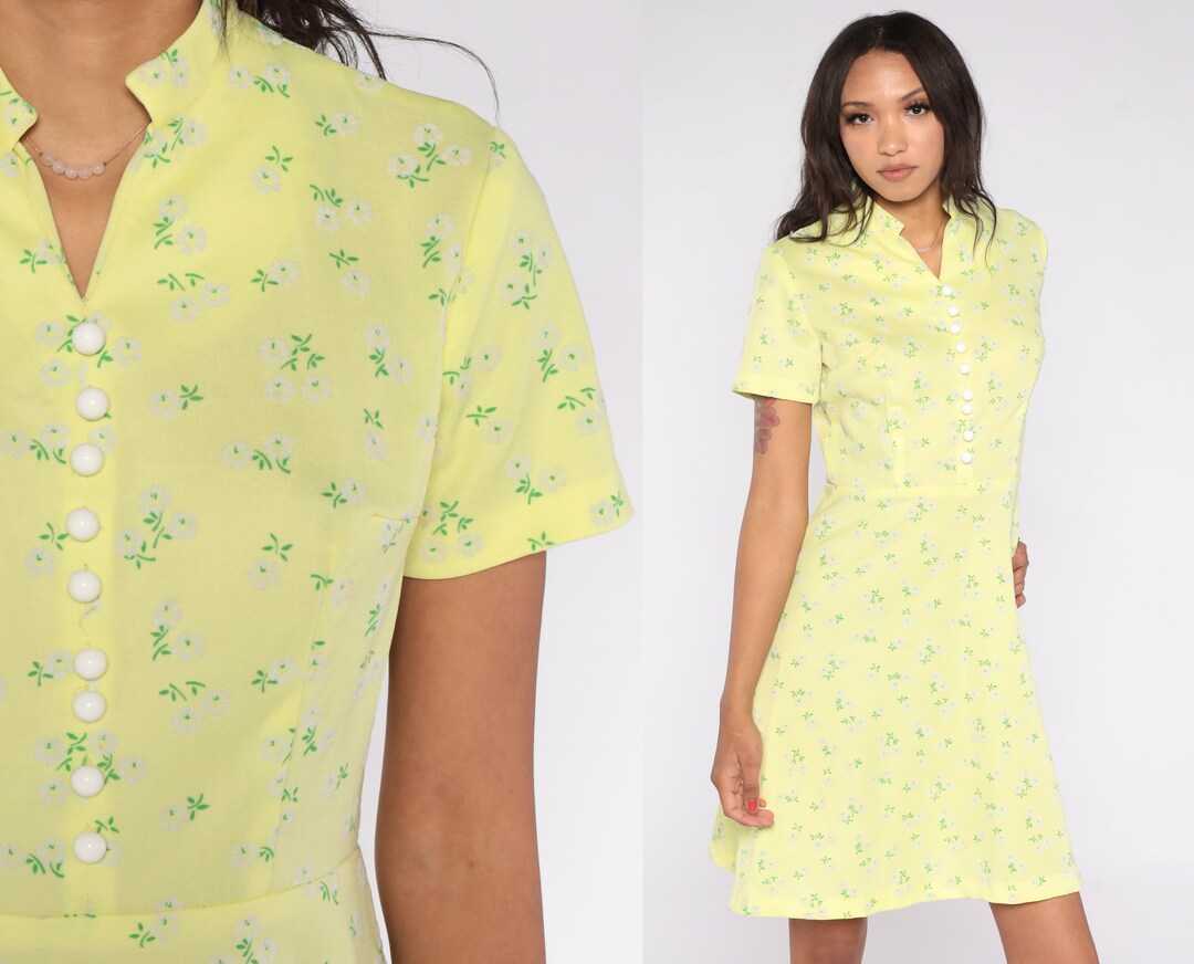 1970s Mini Dress Yellow Floral Print 60s Mod Dress 70s Boho High ...