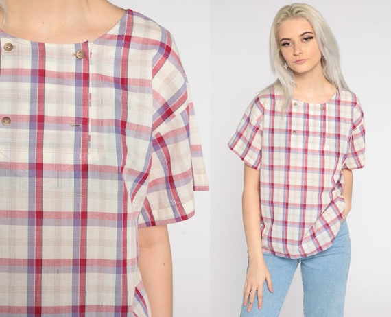 80s Plaid Shirt 80s Double Breasted Button up Blouse Checkered | Etsy
