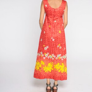 Floral Hawaiian Dress 70s Red Maxi Dress 60s Hippie Empire Waist Tropical 1970s Bohemian ...