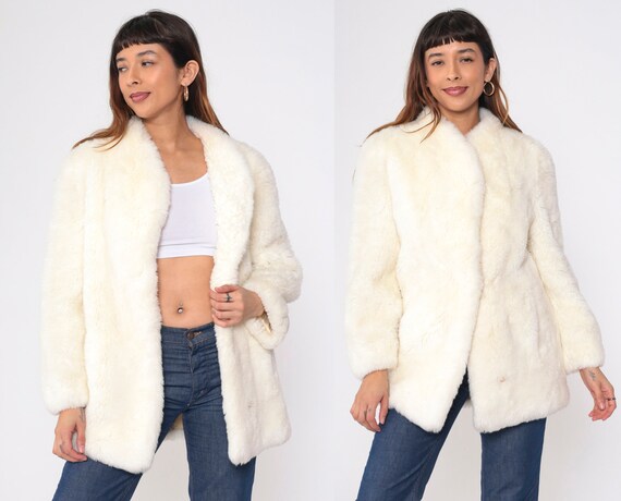 80s Faux Fur Coat Cream Furry Jacket Fake Fur Vegan C… - Gem