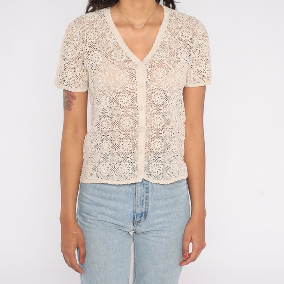 Sheer Crochet Top 80s Beige Boho Blouse Open Weave Cu… - Gem